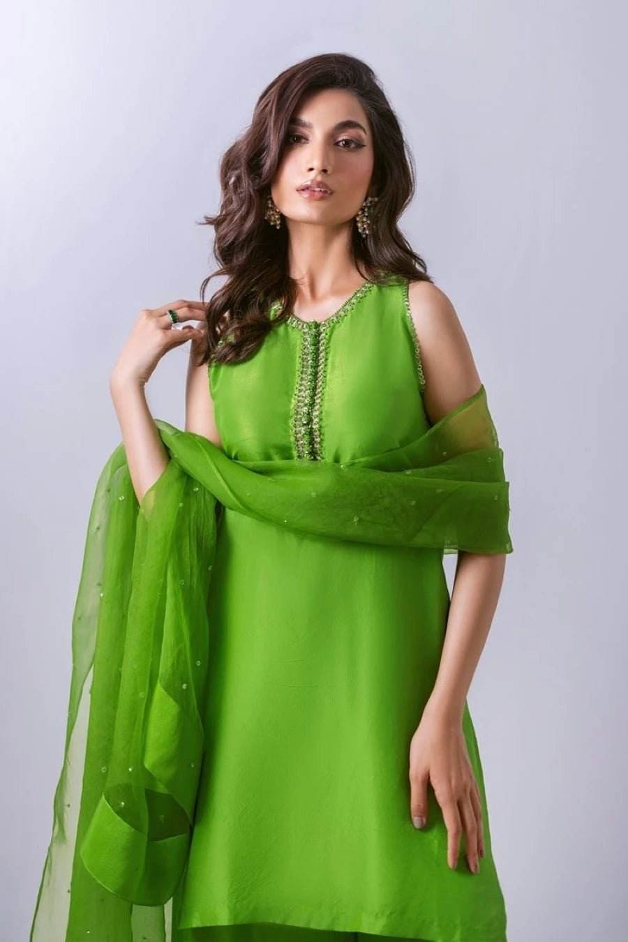 Amara Set Apple Green Silk with Intricate Hand Embellishments