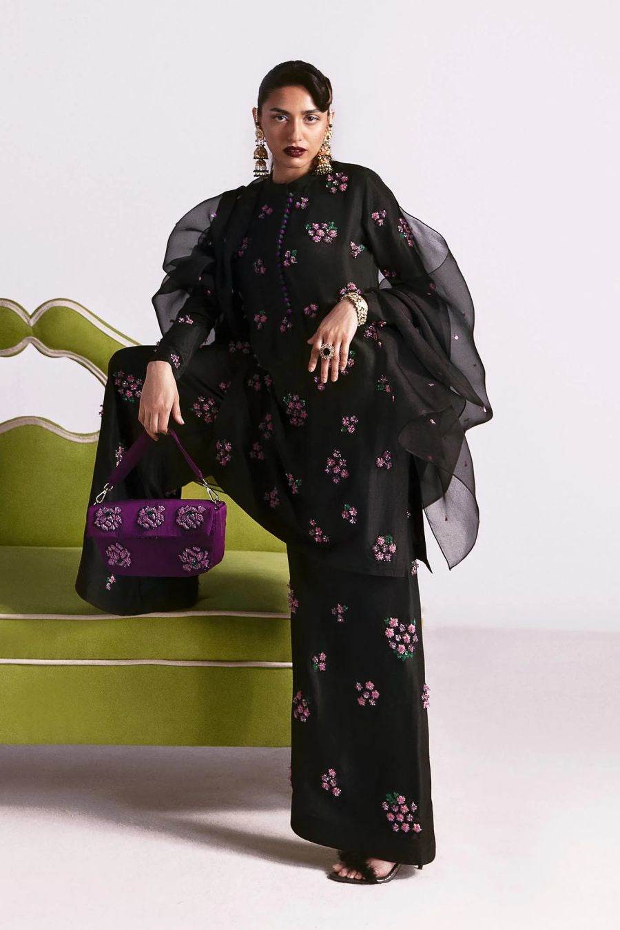 CASSE – Black Raw Silk Outfit with Sequins and Buggle Beads by Hussain ...