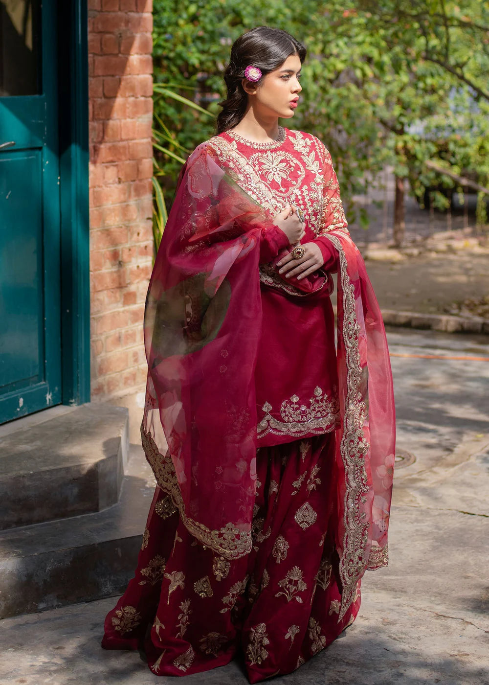 Sahiba Carnation Red Sharara Set with Embroidered Dupatta