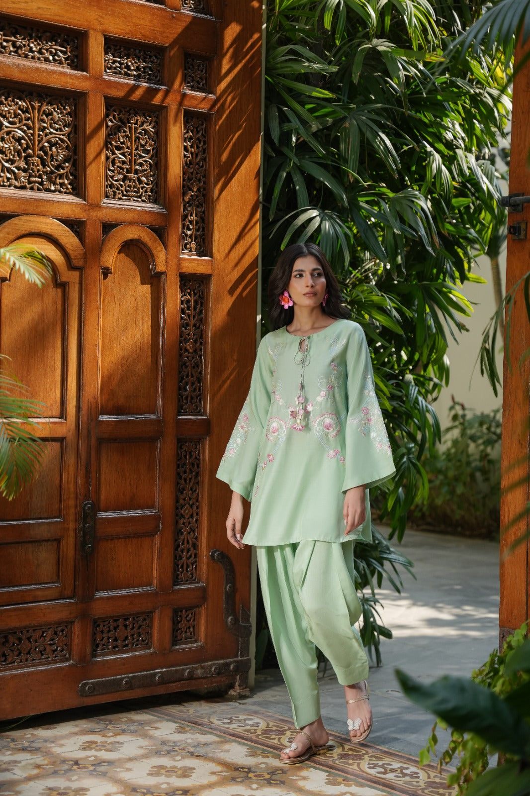 LOTUS SET – Soft Sage Green Bayon Viscose Shirt with Floral Embroidery ...