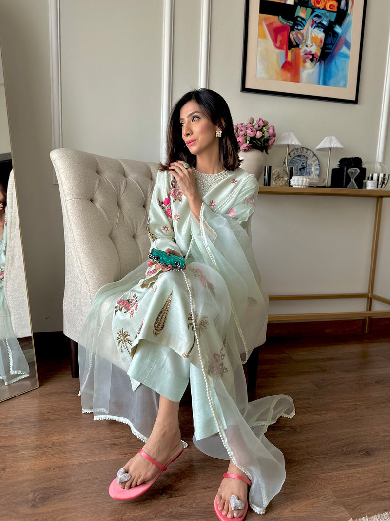 Aqua Fern – Korean Raw Silk and Organza Handworked Formal Shirt Set by ...