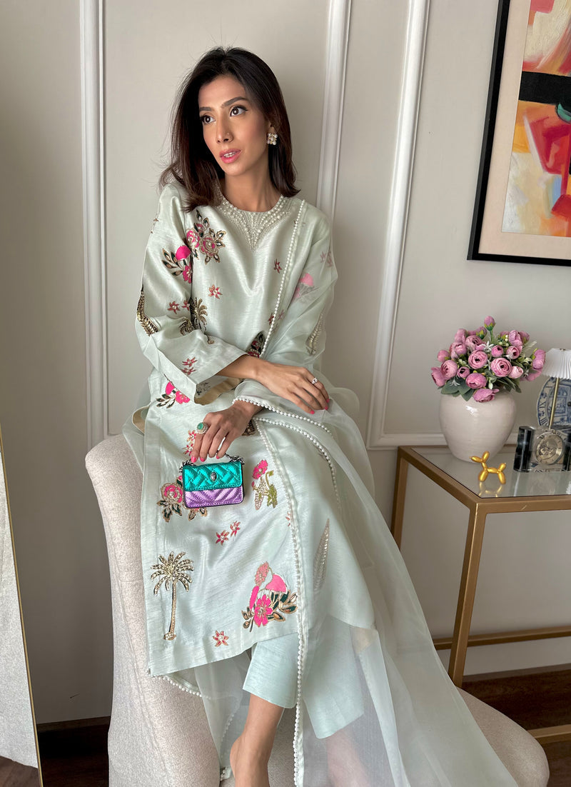 Aqua Fern – Korean Raw Silk and Organza Handworked Formal Shirt Set by ...